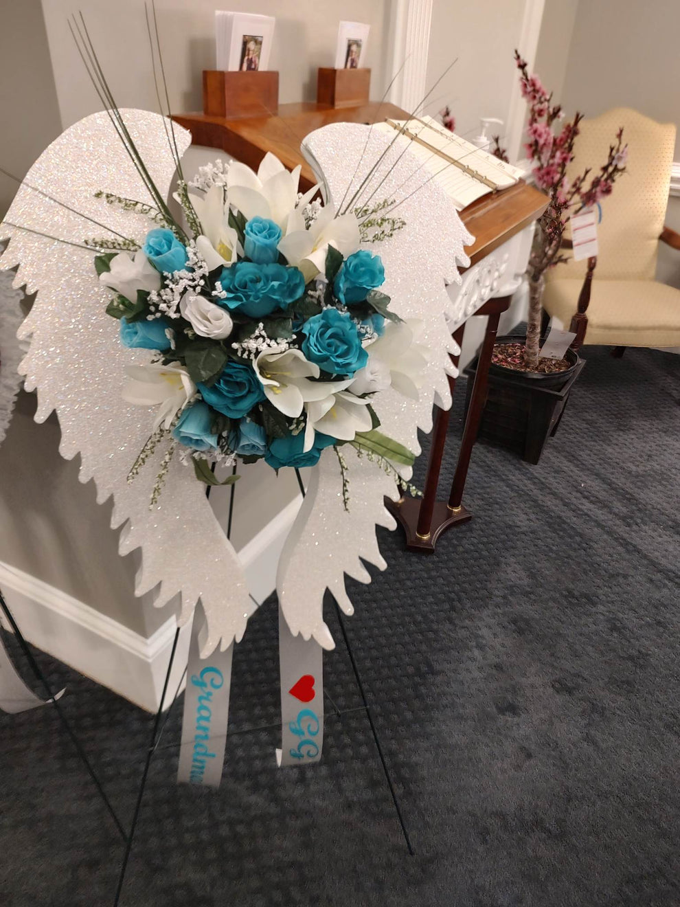 Angel wings funeral arrangement – Tiny Treasures Personalized Gifts